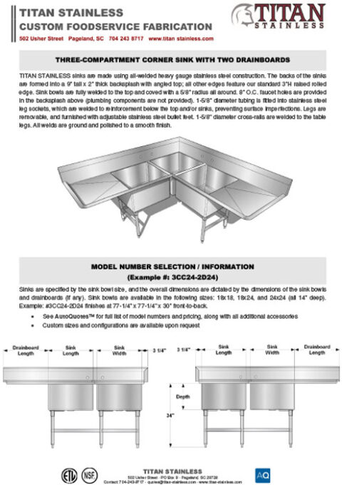 Titan THREE-COMPARTMENT CORNER SINK WITH TWO DRAINBOARDS | PBAC Rep